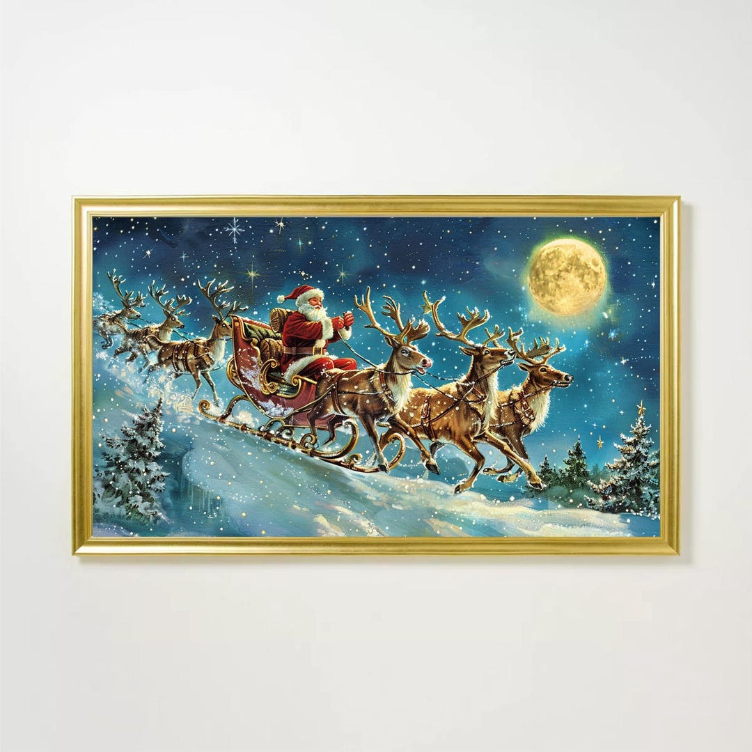 Samsung Frame Tv Art Christmas, Santa Sleigh and Reindeers in Night Sky ...