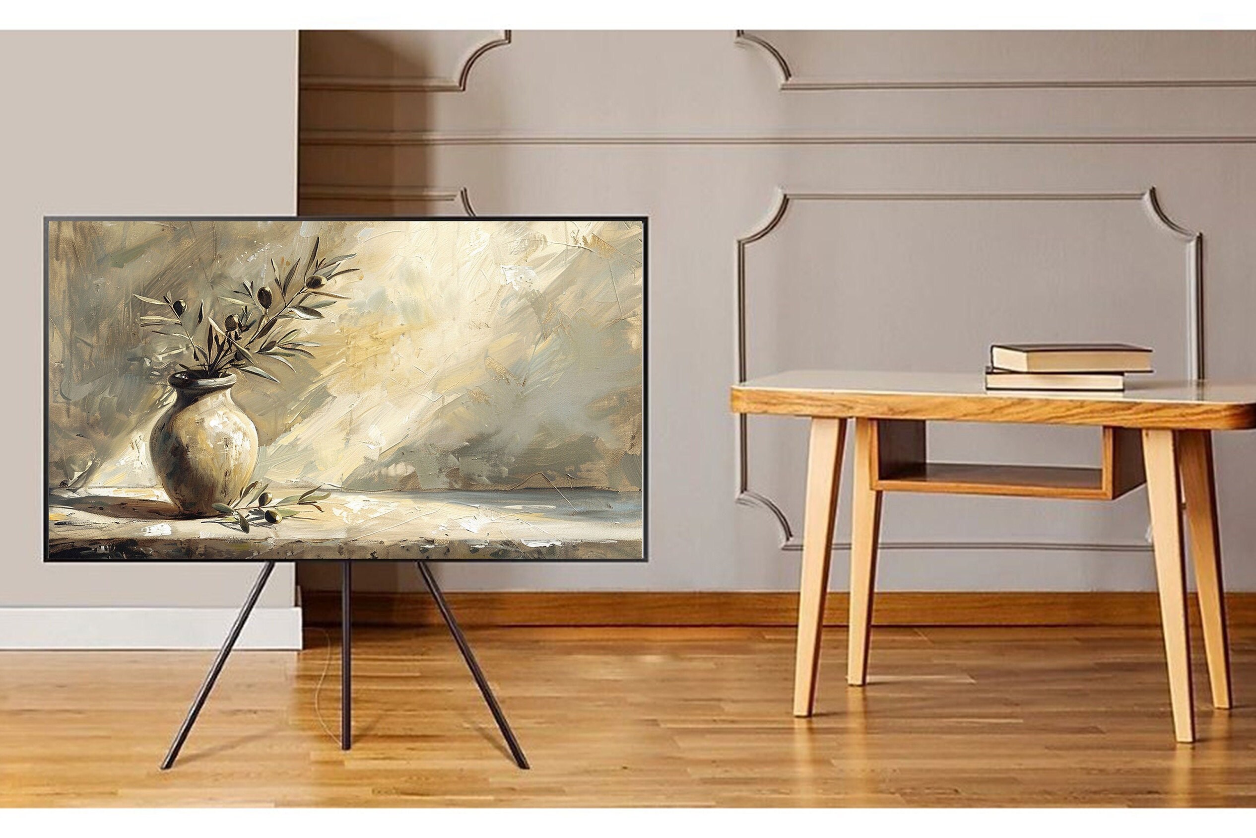 Frame TV Still Life Painting,vase, Olive Branch, Neutral Tone,digital ...
