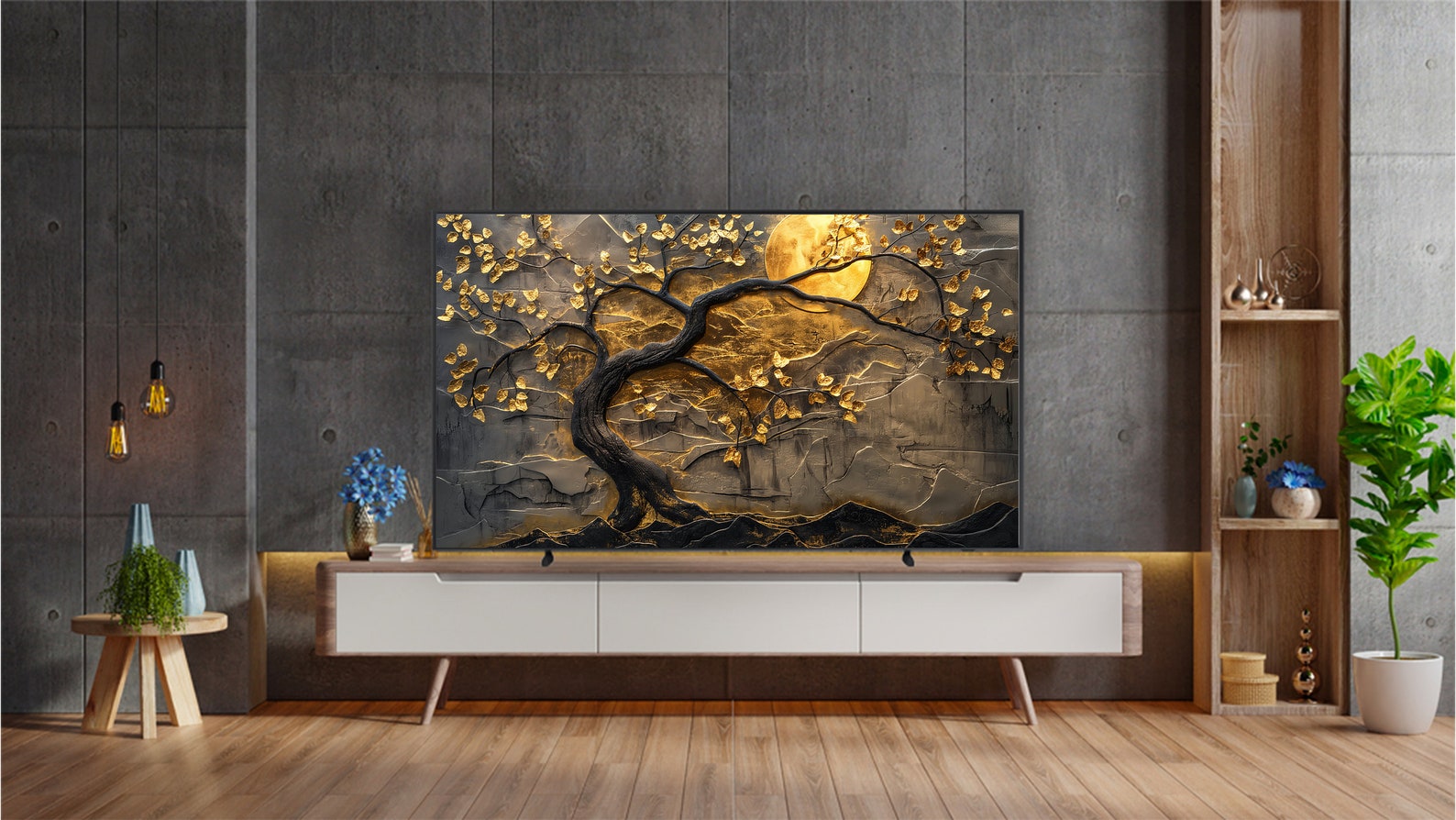 Samsung TV Art Frame Teхtured Tree Wall Art With Gold Accents,black and ...