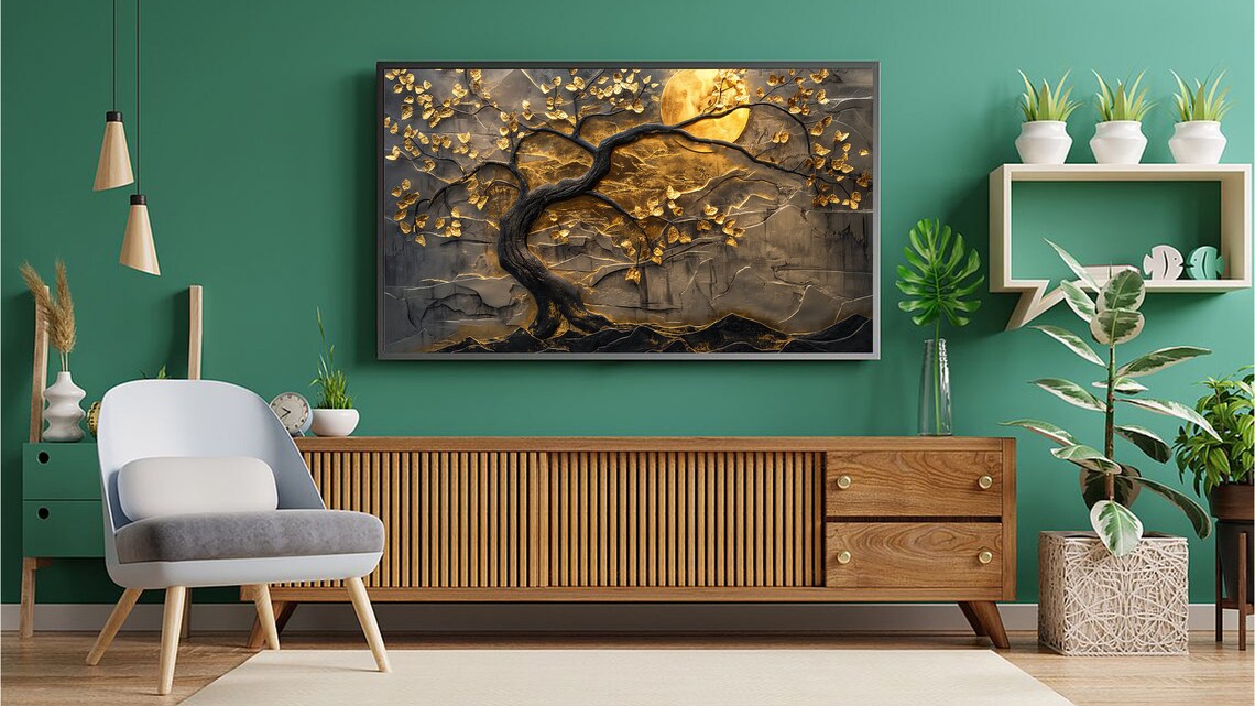 Samsung TV Art Frame Teхtured Tree Wall Art With Gold Accents,black and ...