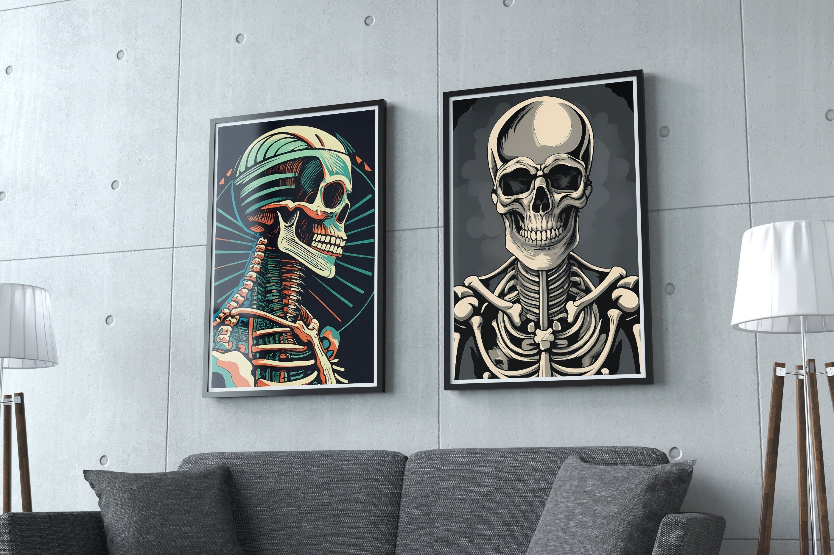 Set of 3 Halloween Skeletons Wall Art Prints Illustration Art Smiley ...