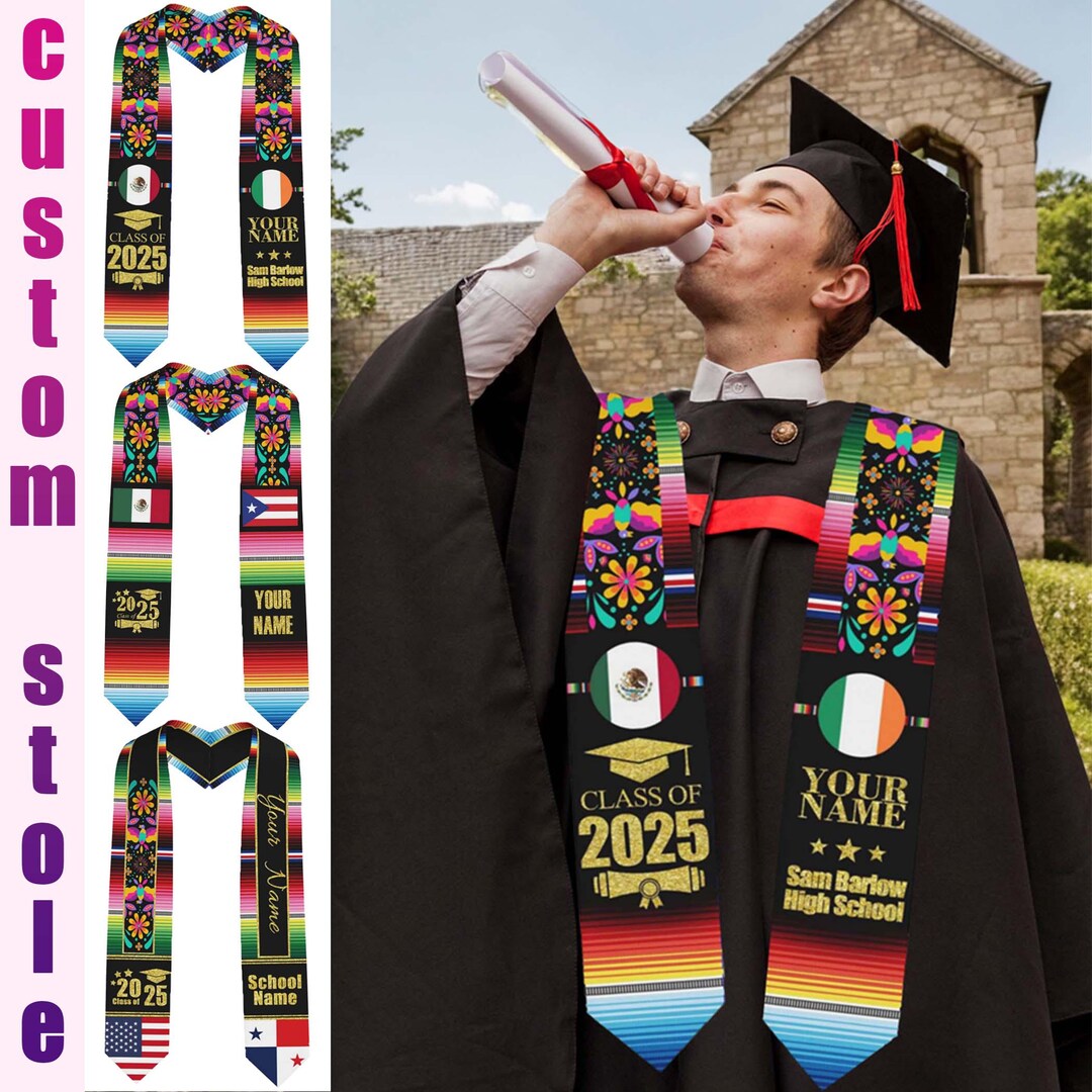 Custom Mexican Grad Stole, Class 2025 Stole Sash, Country Mixed Flag ...