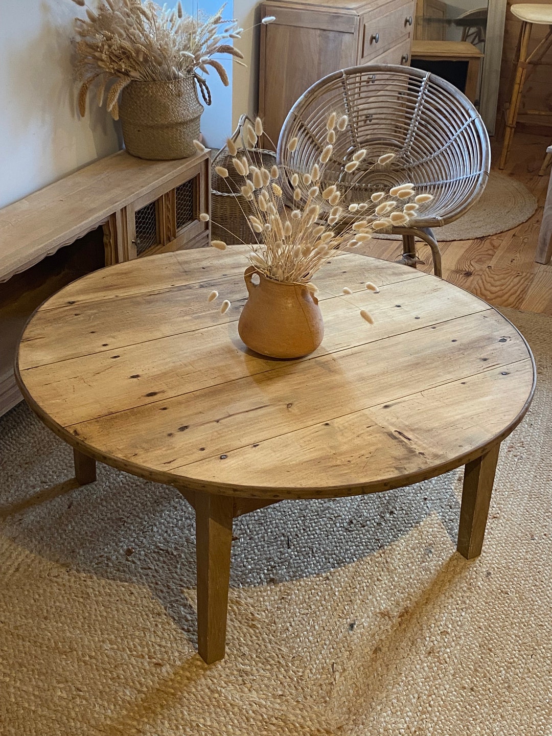 Large Old Round Coffee Table in Raw Solid Wood - Etsy