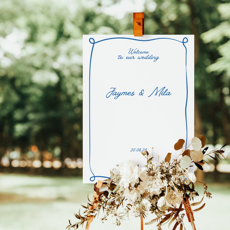 Navy Blue Minimalist Wedding Welcome Sign, Blue Hand Drawn Wavy Border ...