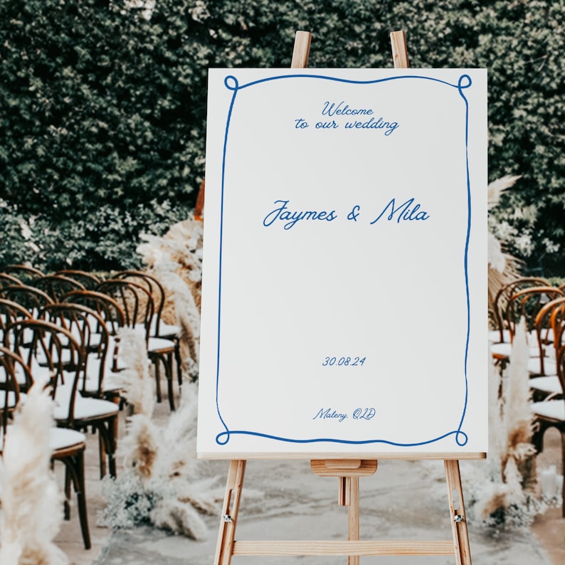 Navy Blue Minimalist Wedding Welcome Sign, Blue Hand Drawn Wavy Border ...