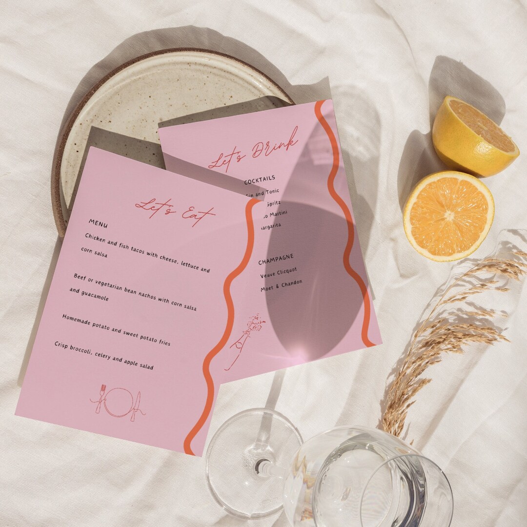 Pink and Orange Wavy Hens Party Menus, Minimalist Wavy Printable Table ...