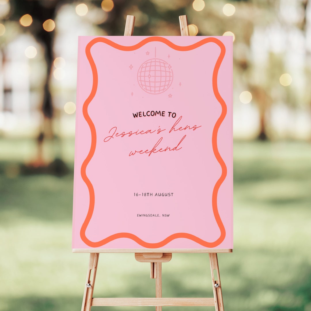 Pink and Orange Wavy Hens Welcome Sign, Colourful Minimalist Wavy Welcome Poster, Instant ...