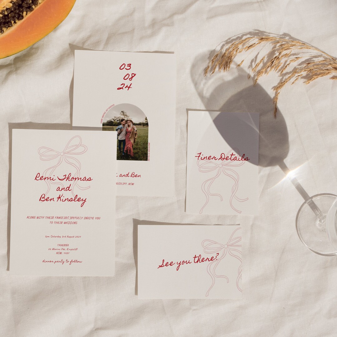 Hand Drawn Bow Wedding Invite Bundle, Hand Drawn Minimalist Colourful ...