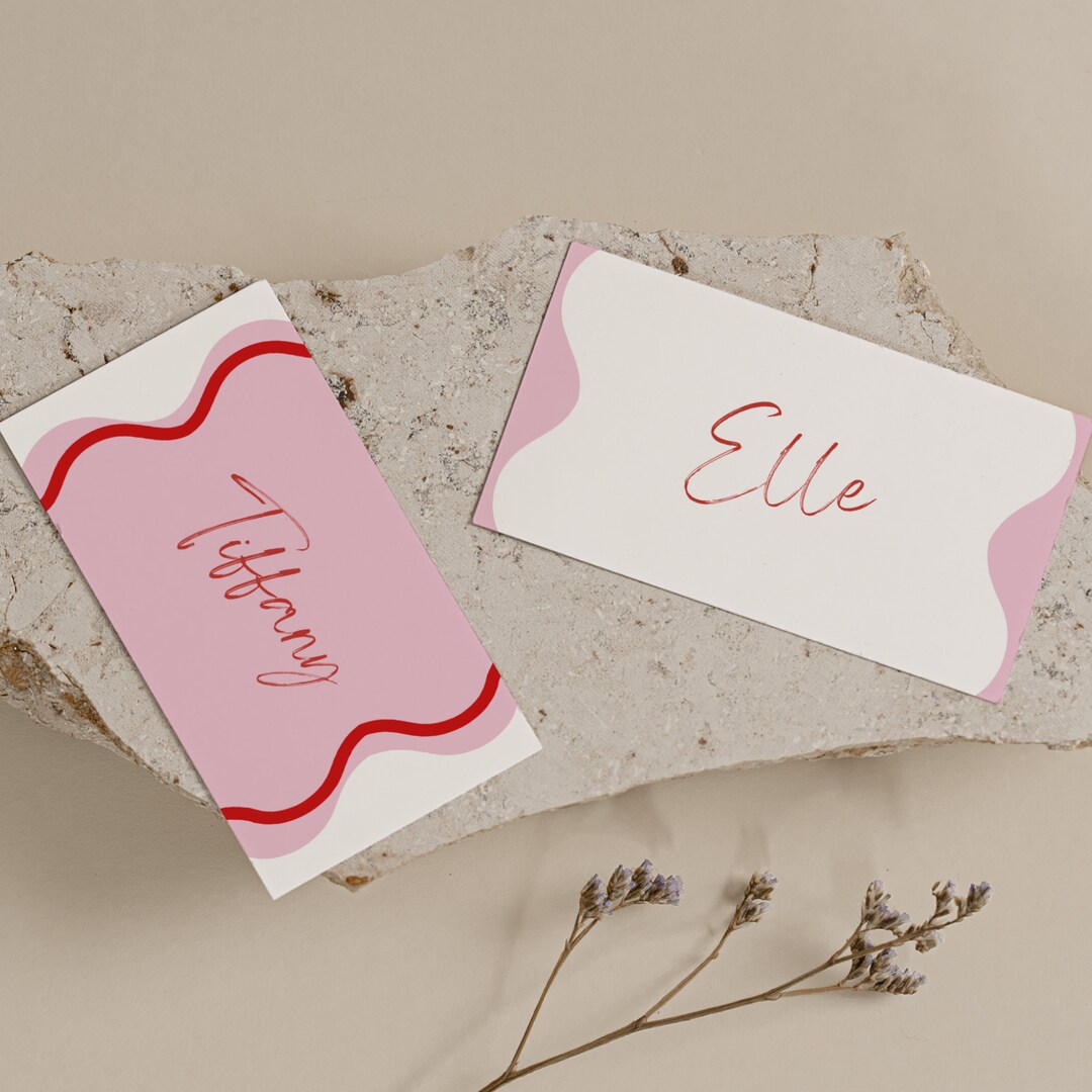 Pink and Red Wavy Name Place Card Template, Colourful Minimalist Place ...