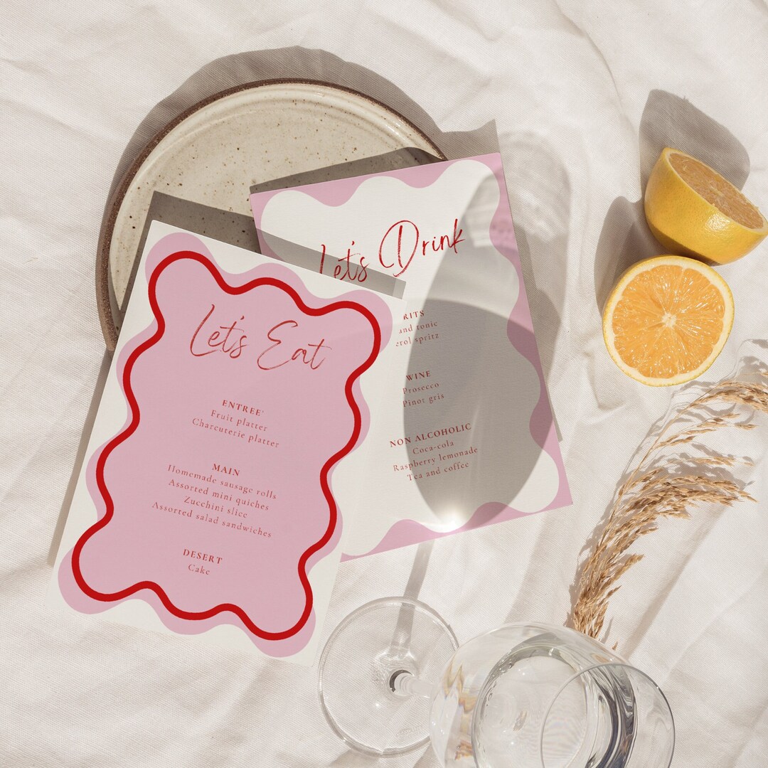 Pink and Red Wavy Menu, Minimalist Colourful Menu, Editable Dinner and ...