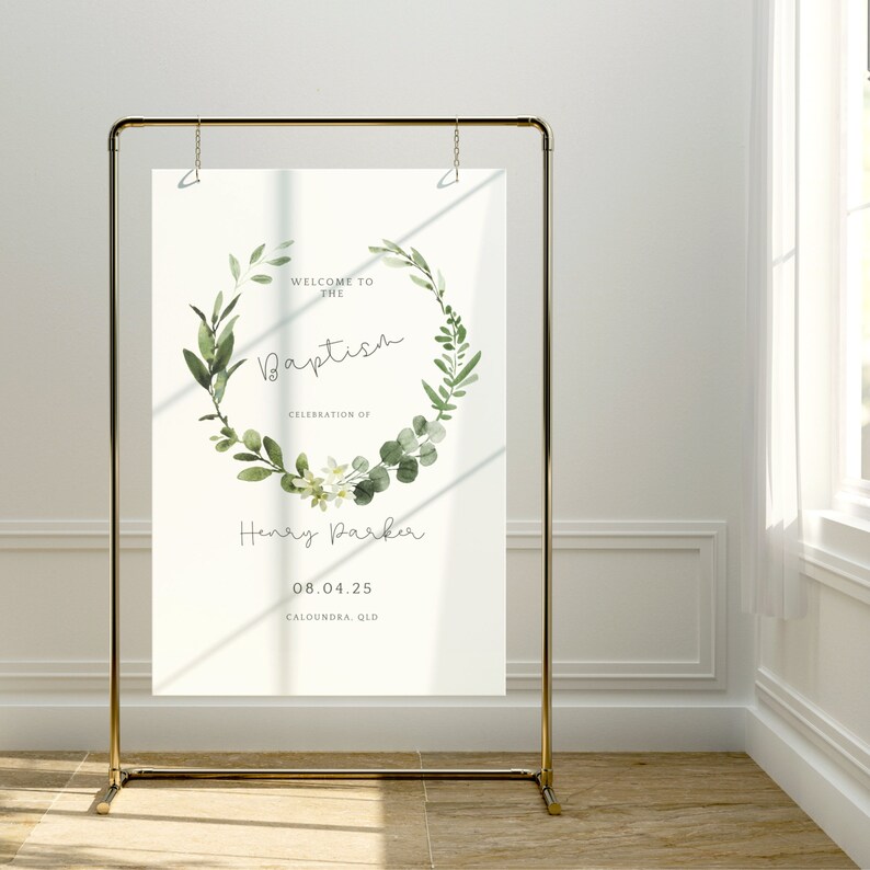 Greenery Wreath Baptism Welcome Sign: Minimalist Botanical Poster ...