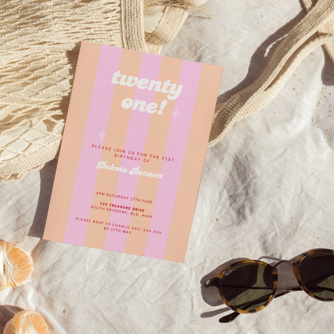 Retro Colourful Birthday Invitation, Pink and Orange Minimalist Stripy ...