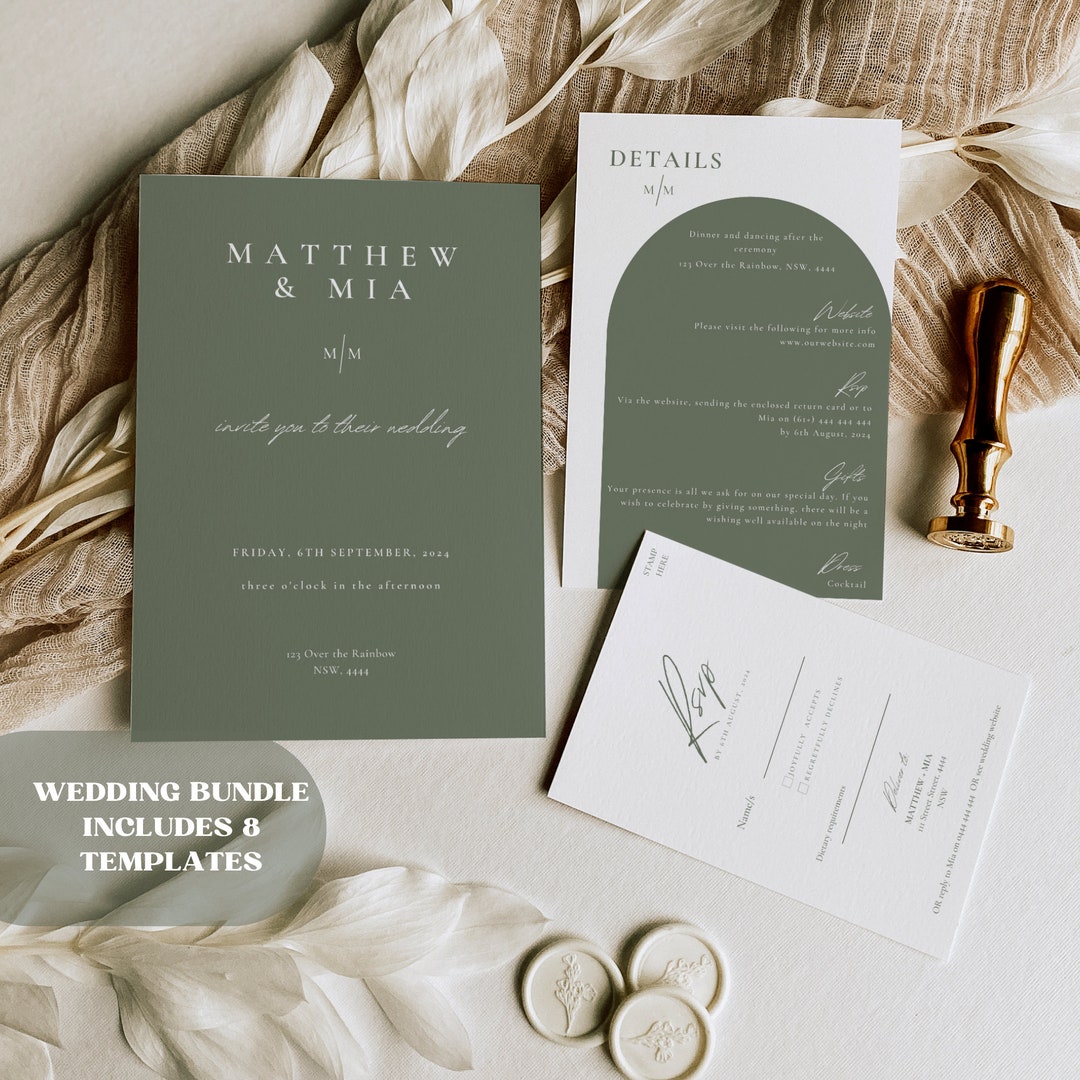 Olive Green Minimalist Wedding Invitation Suite: Modern Sage Invite ...