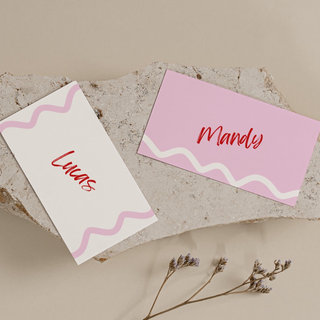 Wavy Name Place Card Template: Pink and Red, Minimalist (digital ...