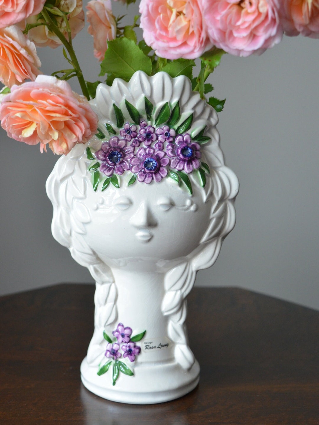 Vintage Rosa Ljung Girl Head Purple Flowers Swedish Design Deco ...
