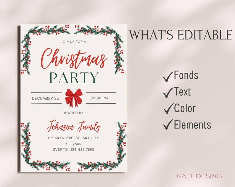 Digital Christmas Party Invitation - Printable & Editable Template ...