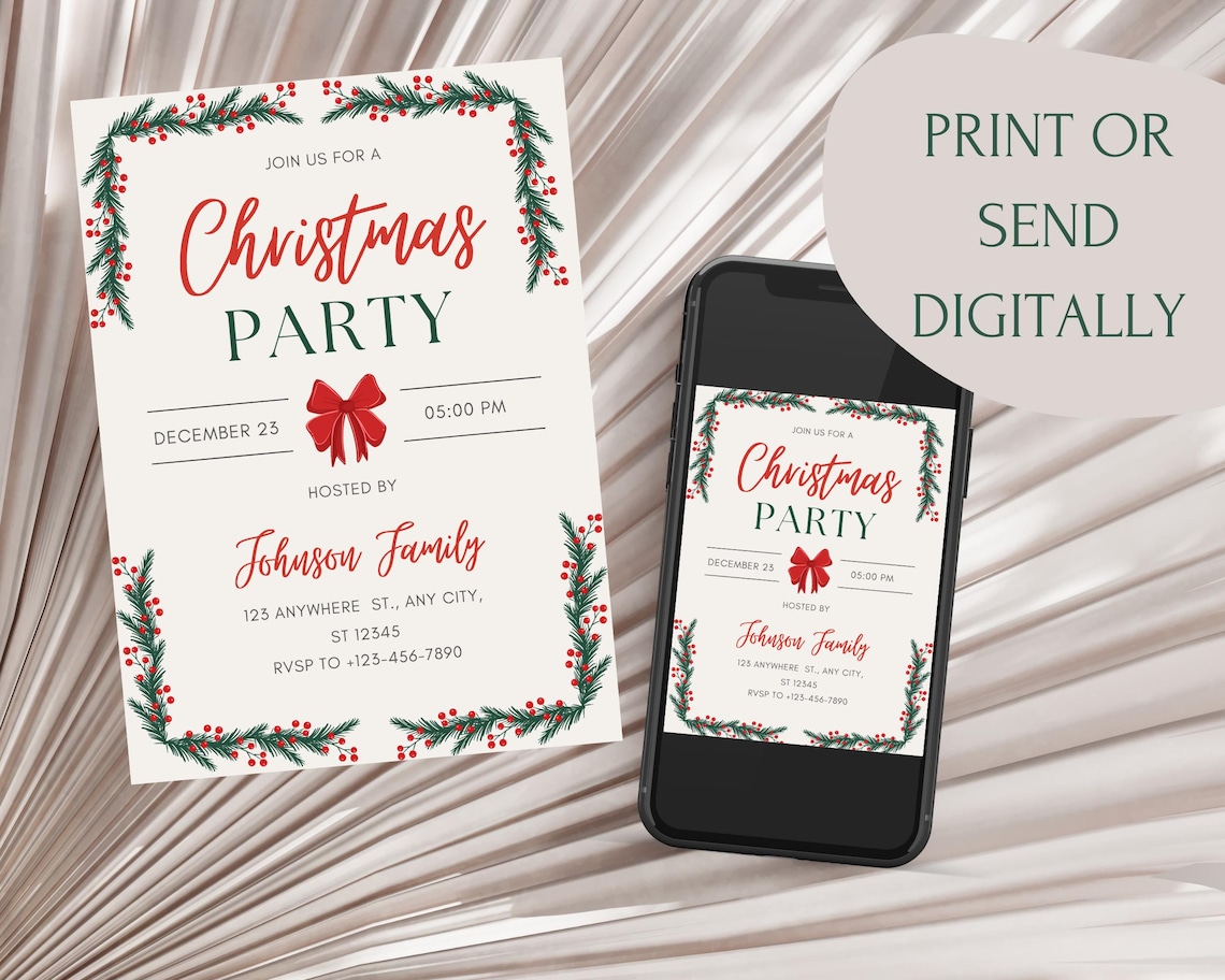 Digital Christmas Party Invitation - Printable & Editable Template ...