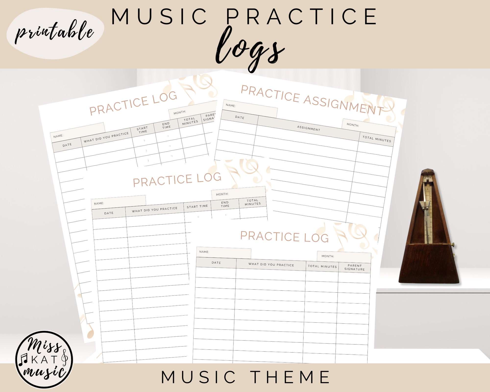 Music Practice Logs for Student, Classroom, Ensemble, Instrument, Voice ...