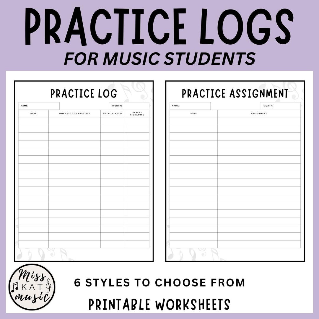 Music Practice Logs for Student, Classroom, Ensemble, Instrument, Voice ...