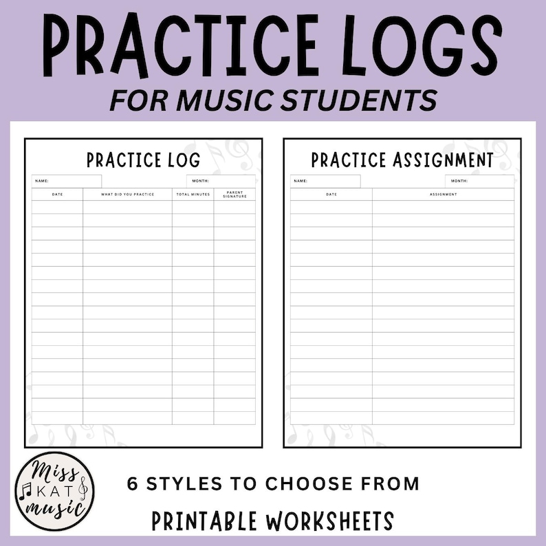Music Practice Logs for Student, Classroom, Ensemble, Instrument, Voice ...