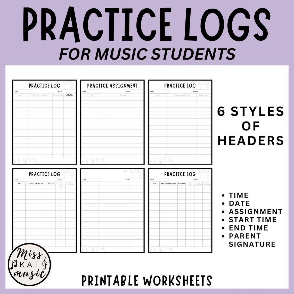 Music Practice Logs for Student, Classroom, Ensemble, Instrument, Voice ...