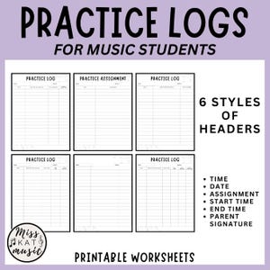 Music Practice Logs for Student, Classroom, Ensemble, Instrument, Voice ...