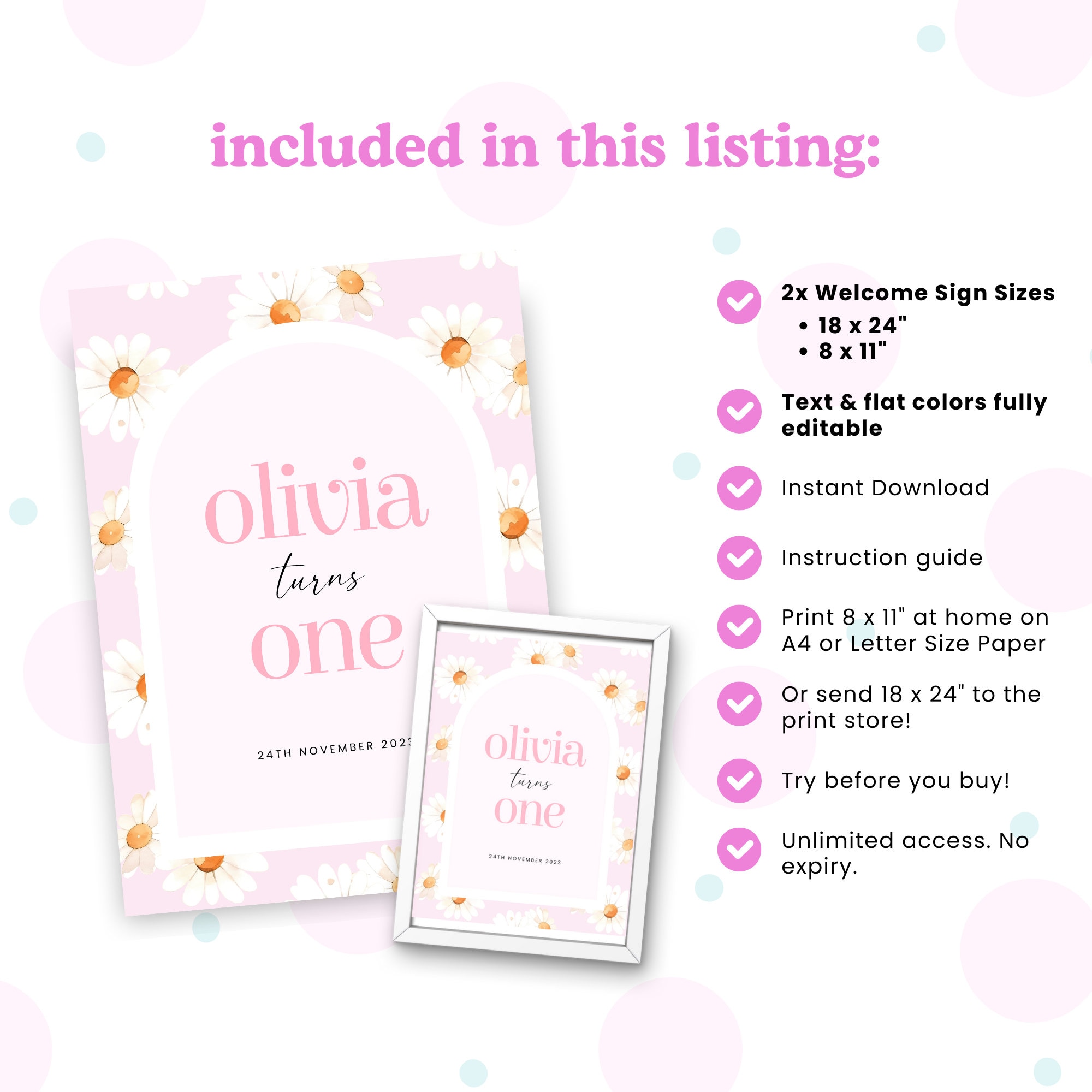 Daisy Pink Welcome Sign INSTANT DOWNLOAD Editable Template - Etsy