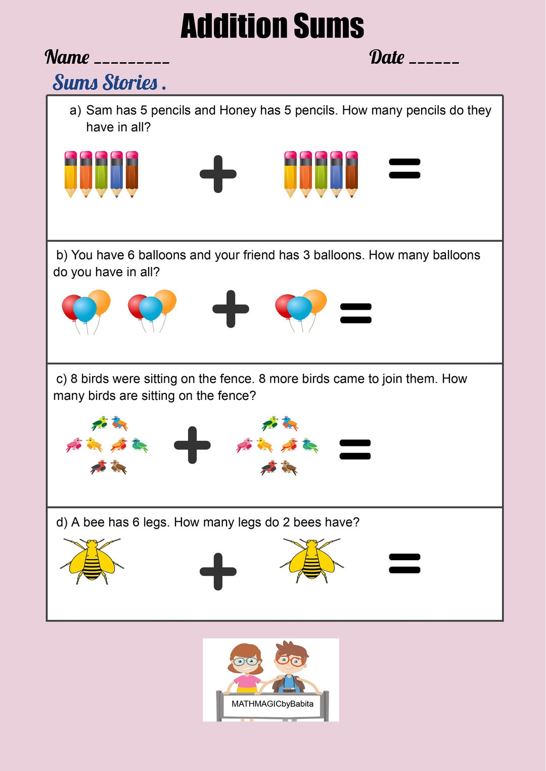 Addition and Subtraction Story Sums - Etsy