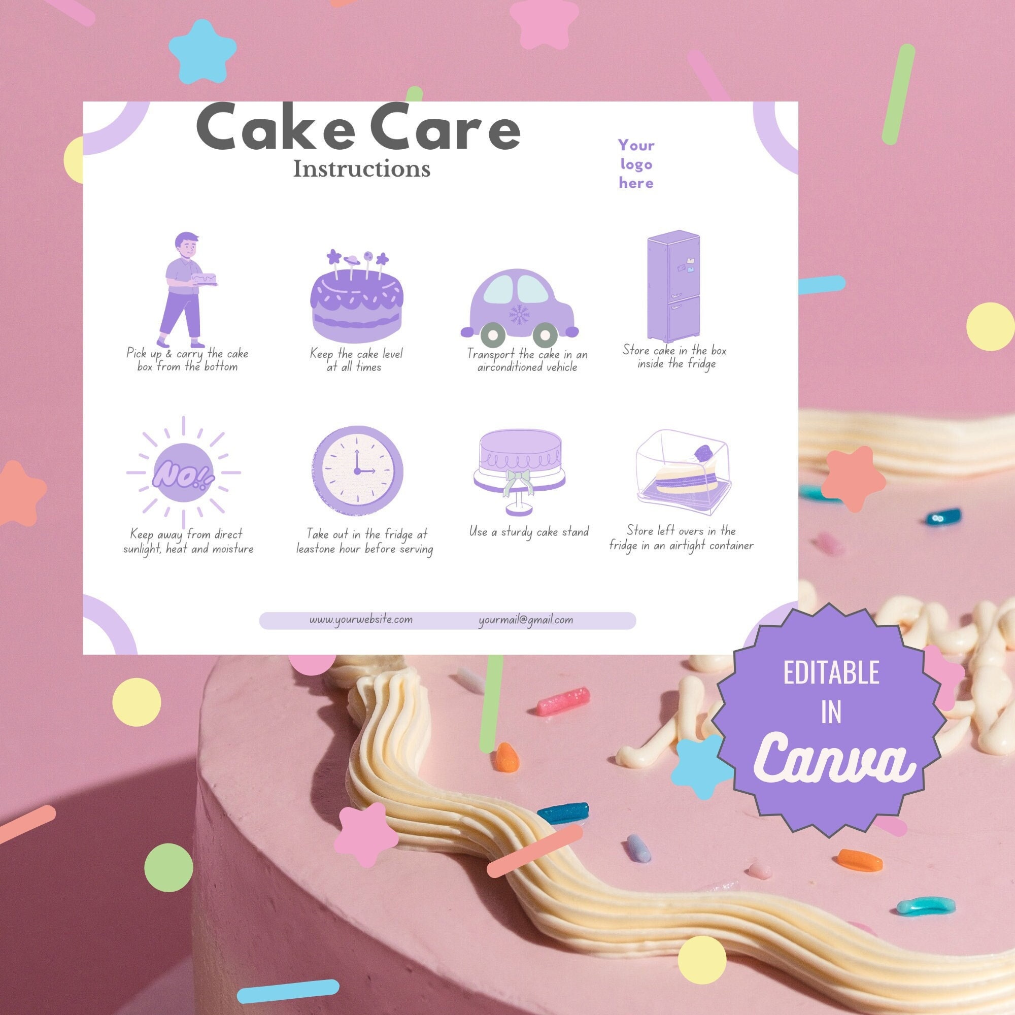 Cake Care Card Template, Printable Cake Care Guide, Editable Cake Card ...