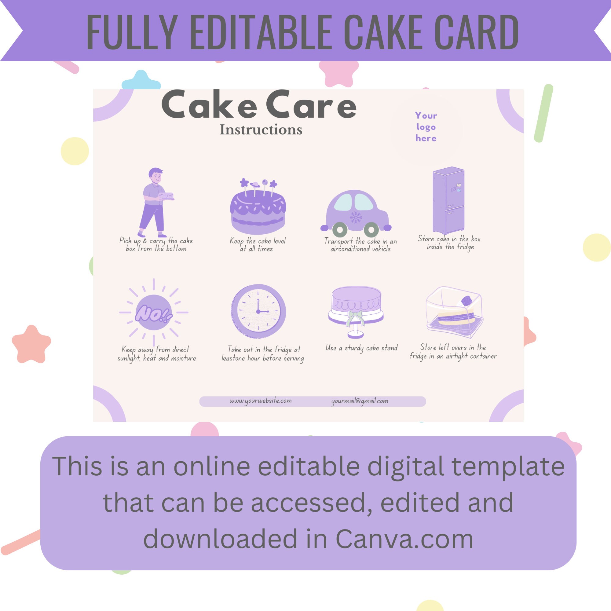 Cake Care Card Template, Printable Cake Care Guide, Editable Cake Card ...