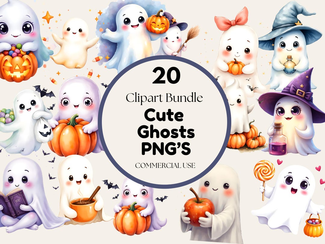Kawaii Ghost Clipart Bundle, Halloween Pumpkin PNG Graphics (digital ...
