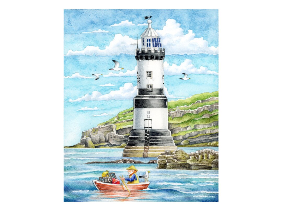 Penmon Lighthouse, Anglesey Art Print. Handmade & Signed by Artist, Welsh Coast Travel ...