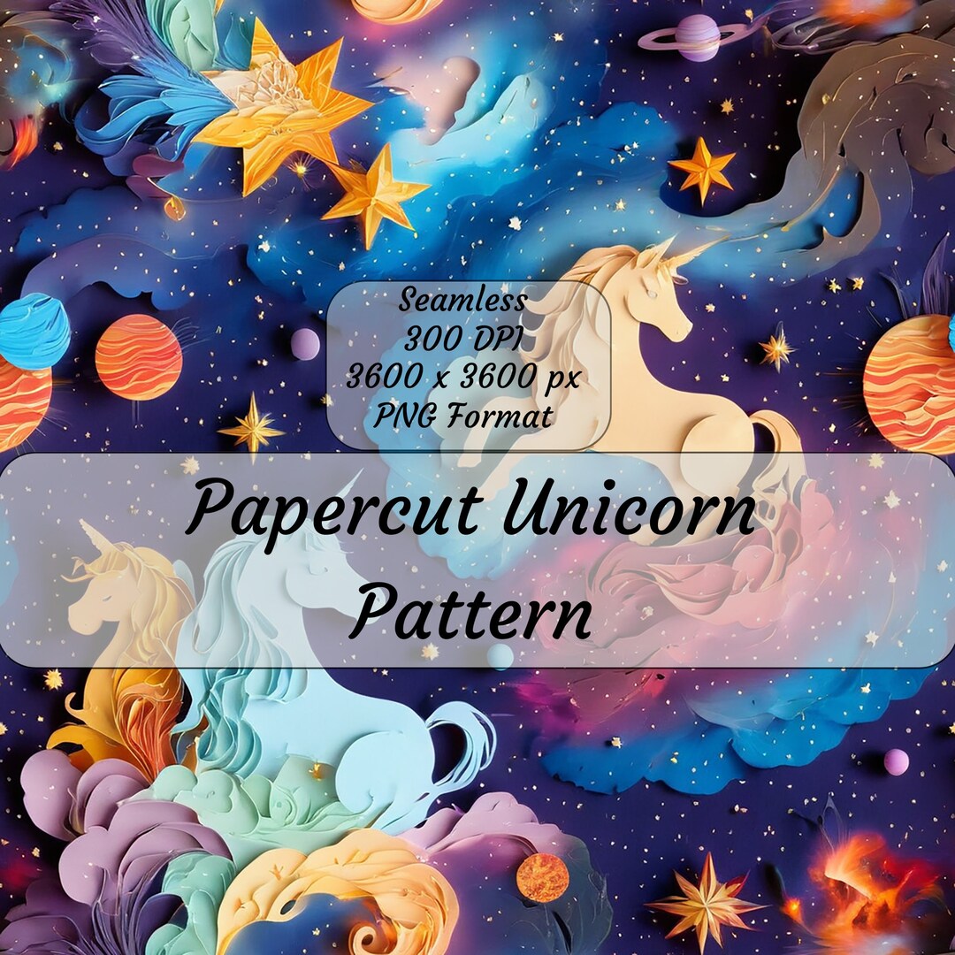 Seamless Pattern Unicorn, Papercut, Stars, Nebula, Planets, Pony ...