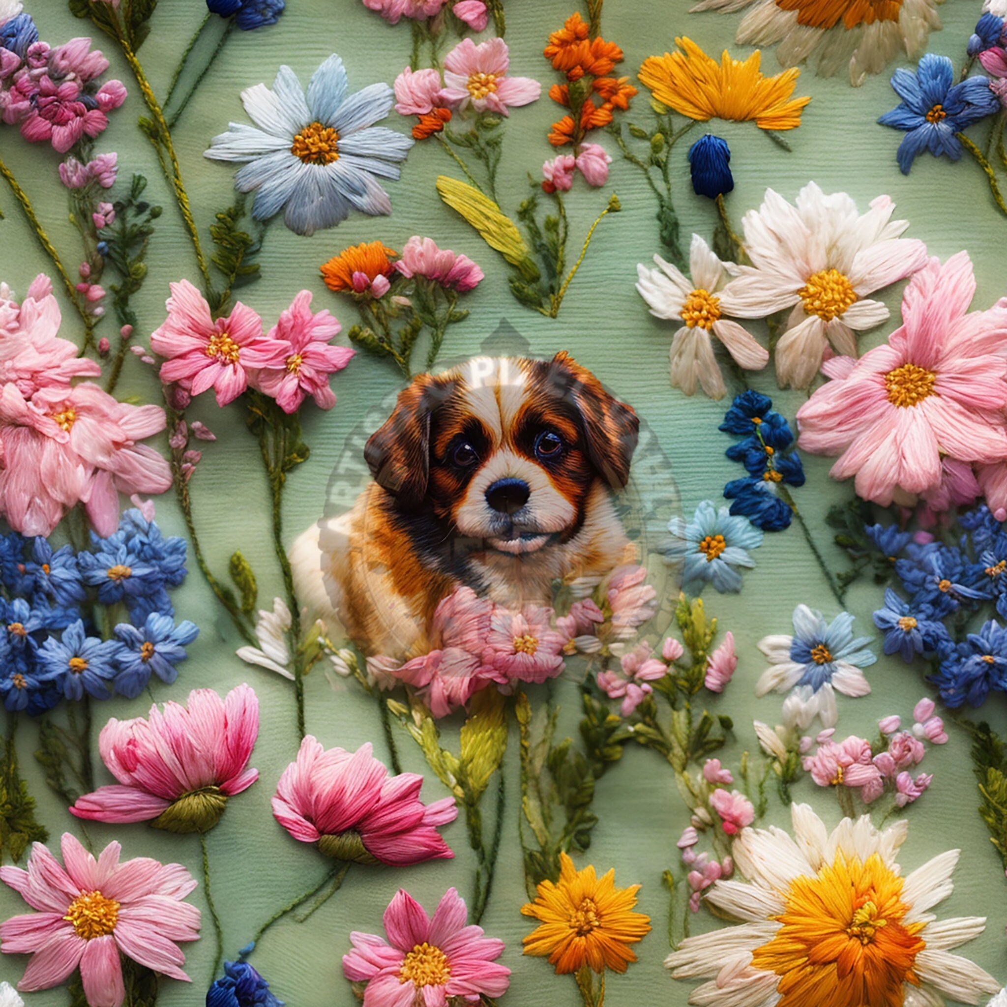 Embroidery Seamless Pattern Puppies and Flowers Embroidery Seamless PNG ...