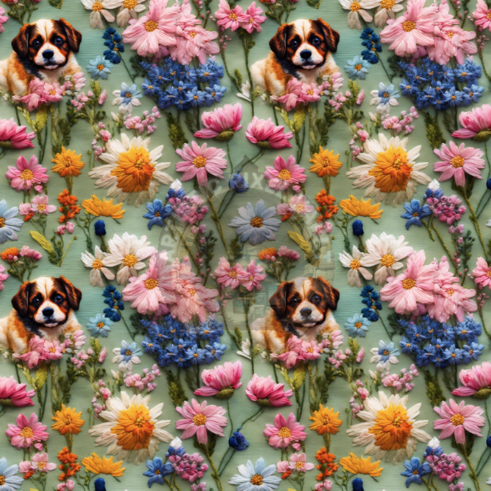 Embroidery Seamless Pattern Puppies and Flowers Embroidery Seamless PNG ...