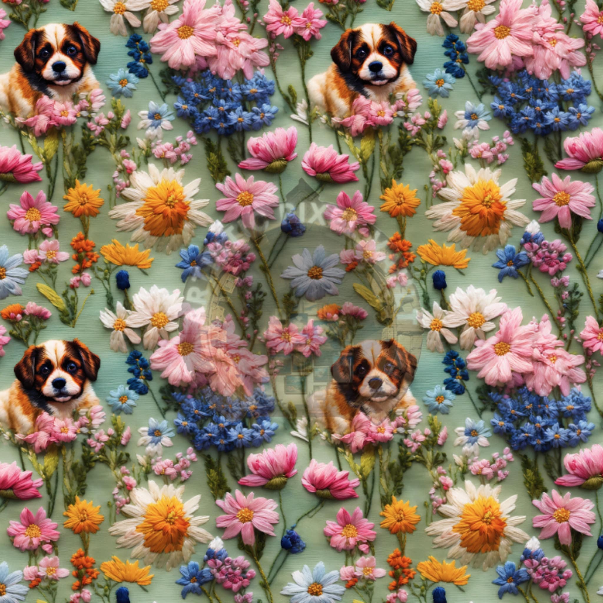 Embroidery Seamless Pattern Puppies and Flowers Embroidery Seamless PNG ...