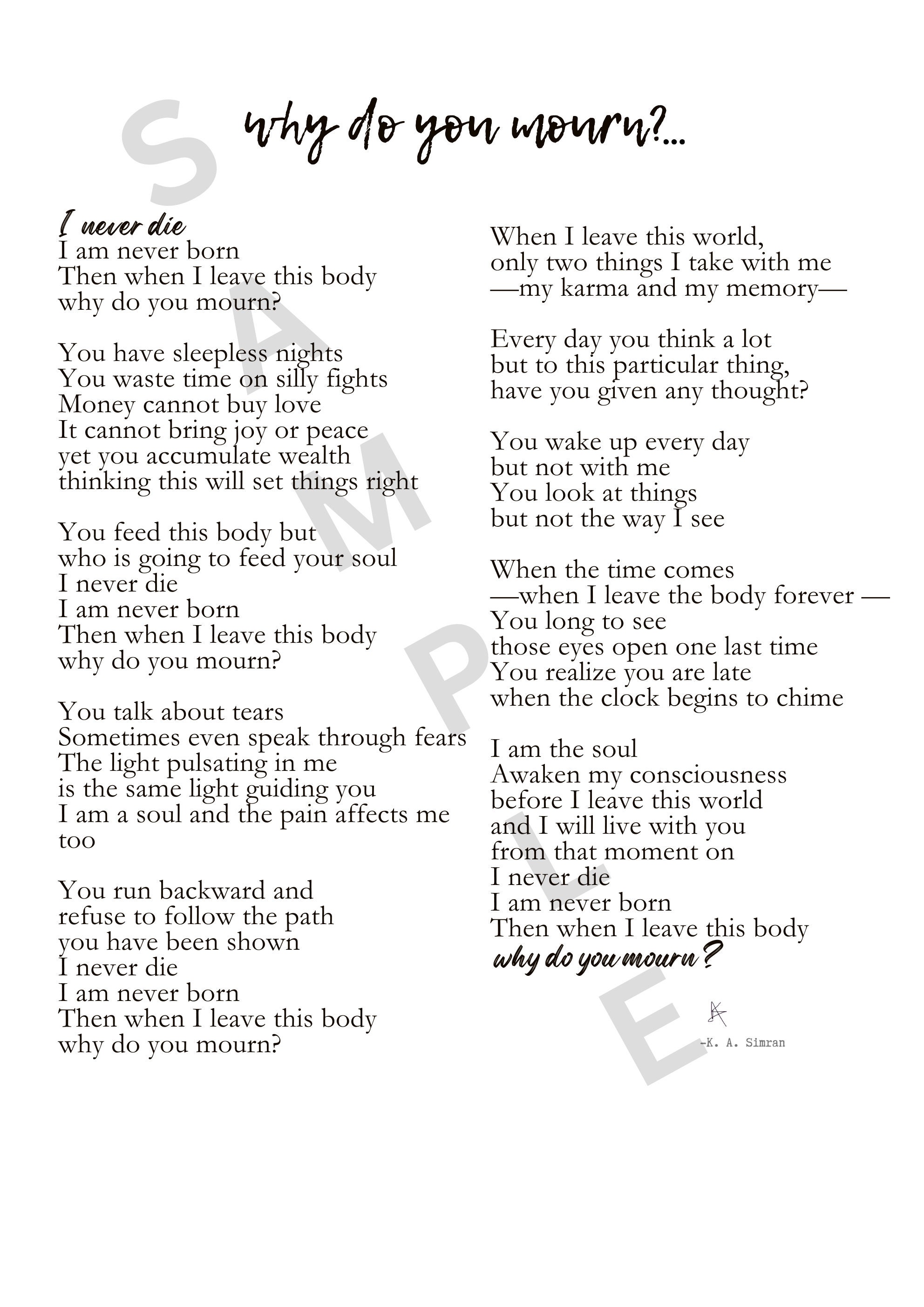 Why Do You Mourn: Poem Print Funeral Sad Death Poem Inspiring Printable ...