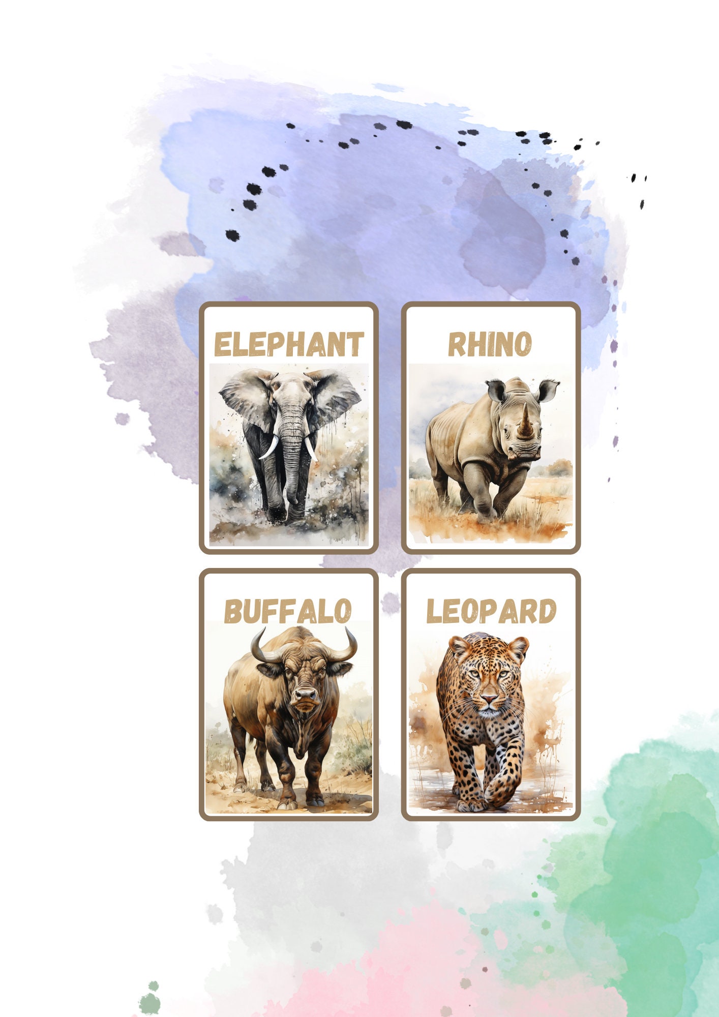 Animals of Africa Flashcards Watercolour Images Digital - Etsy