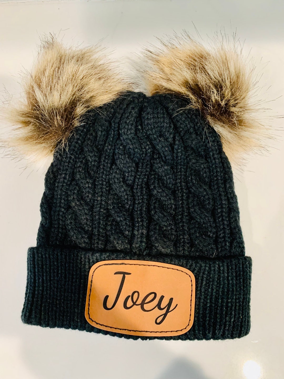 Personalized Hat Girls Hat Leather Patch Beanie Double Pom - Etsy