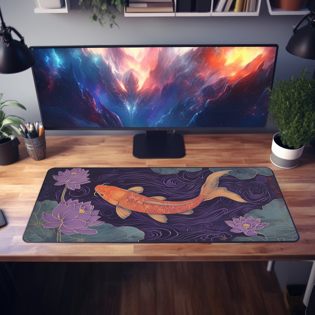 Large XL Mouse Pad Purple Mouse and Keyboard Mat Lotus & Koi Deskmat by ...