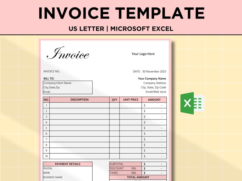 Invoice Template for MS Excel Modern and Professional - Etsy