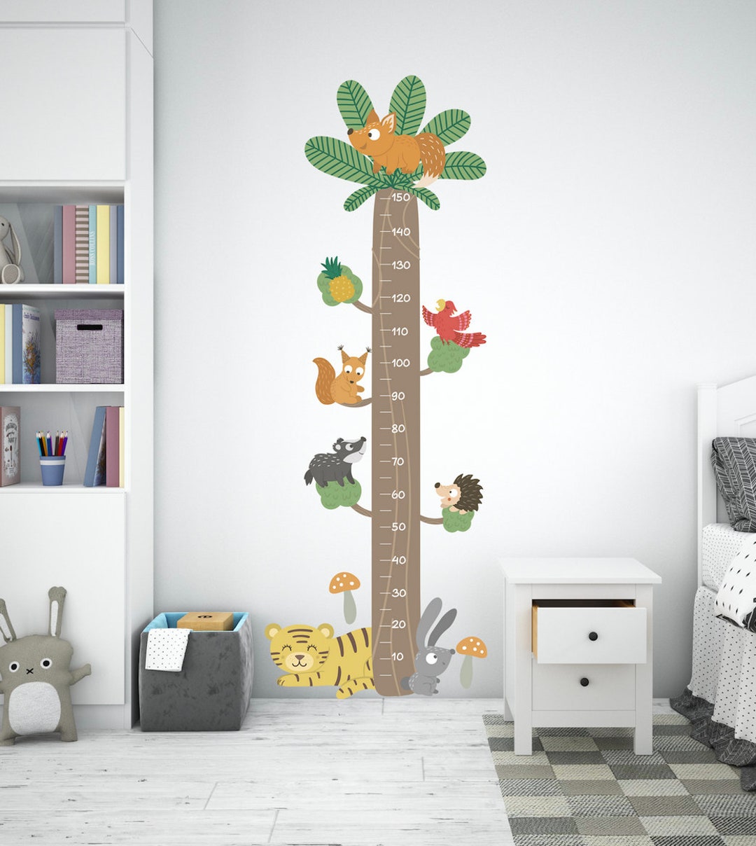 Jungle Animal Kids Tree Height Chart Wall Decal, Animal Theme Growth ...
