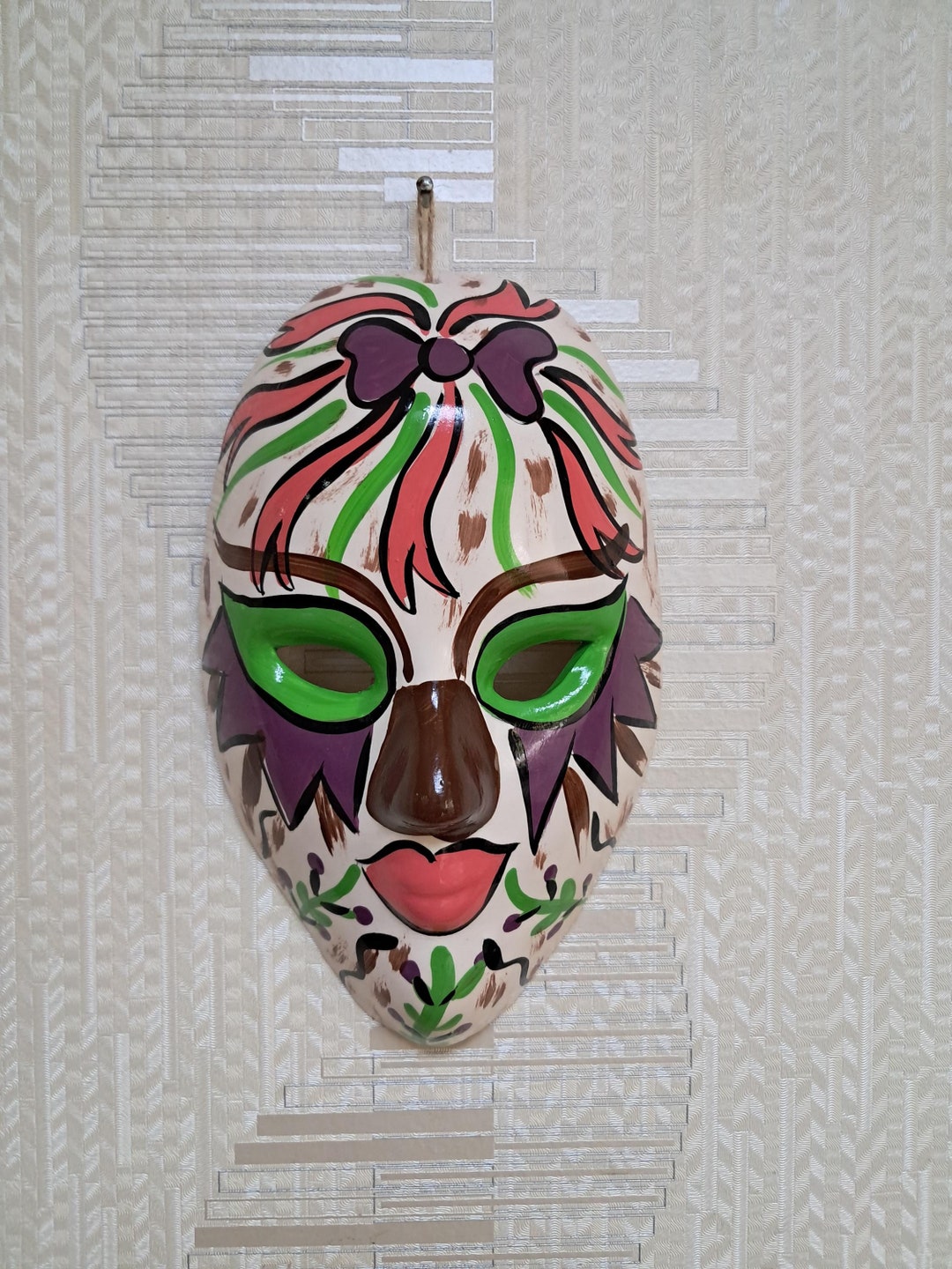 Hand-painted Mexican Folk Art Mask With Floral & Bow Design, Colorful ...