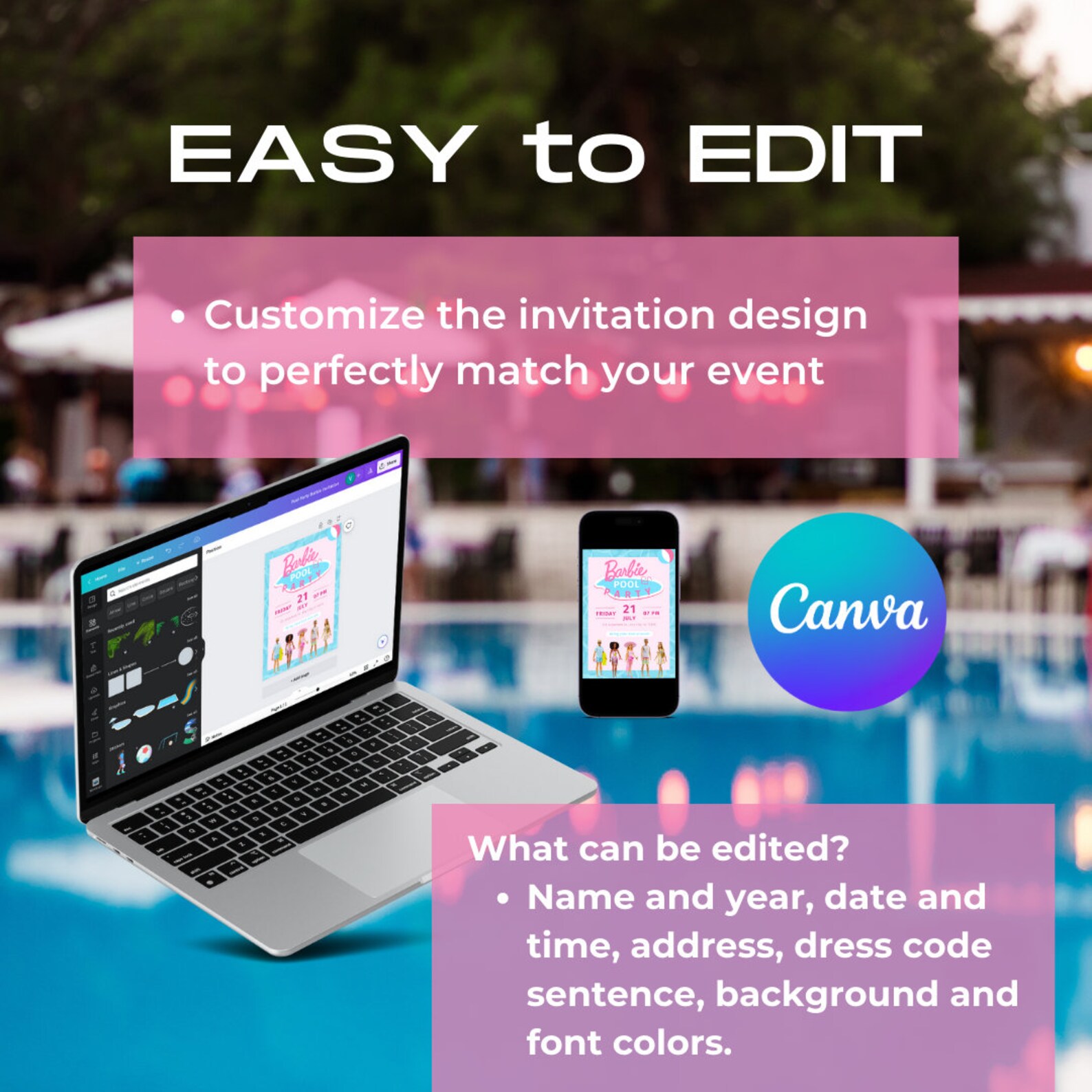 Pool Party Invitation, Editable in Canva Trendy Barbie Invitation ...