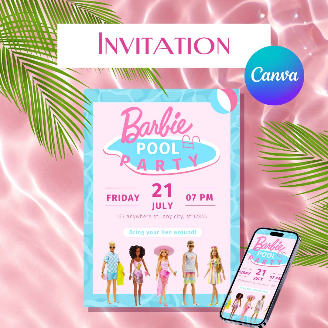 Pool Party Invitation, Editable in Canva Trendy Barbie Invitation ...