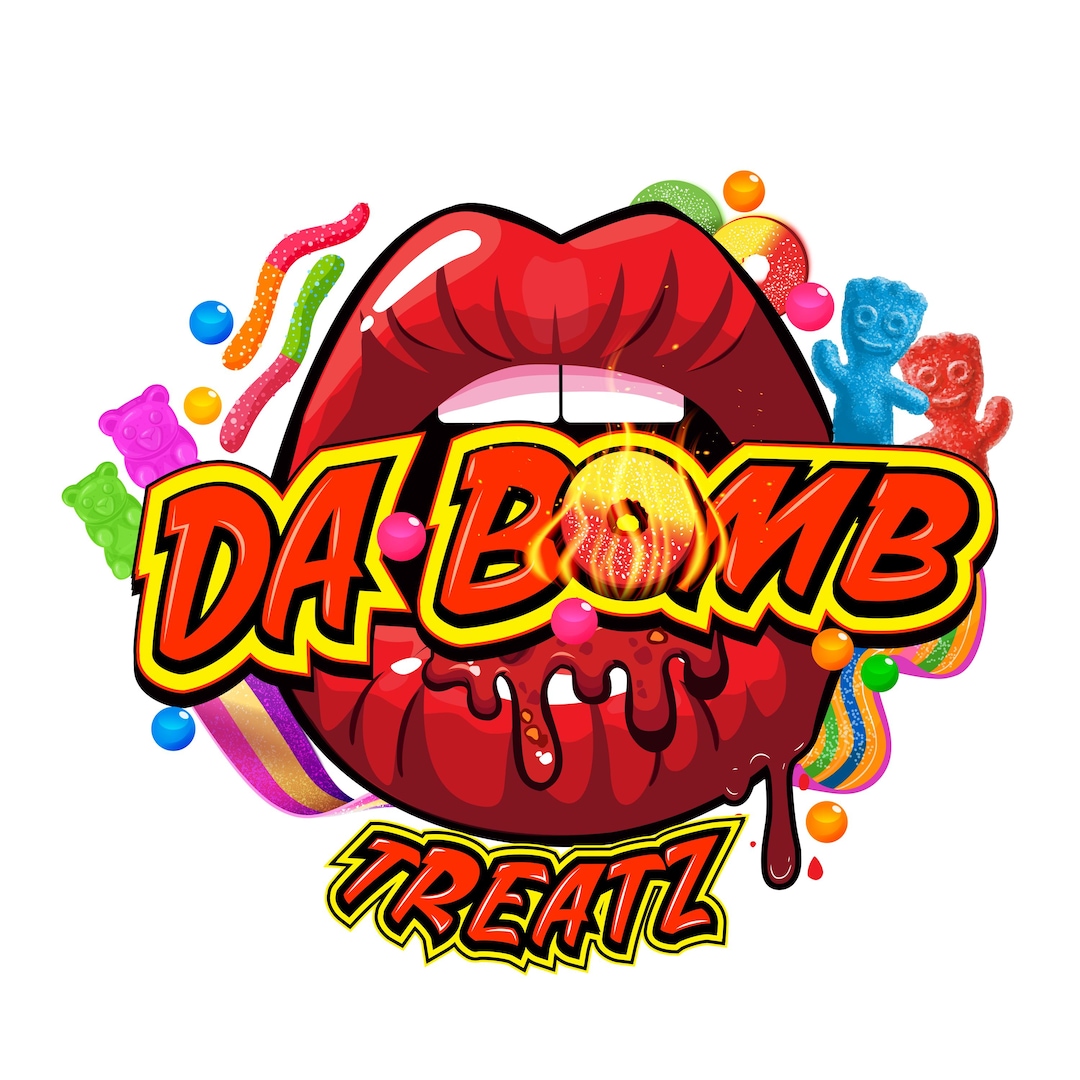 Gusher Chamoy Logo Design Featuring Peach Rings, Gummy Bears, Gummy Worms, Skittles, Sour Patch ...