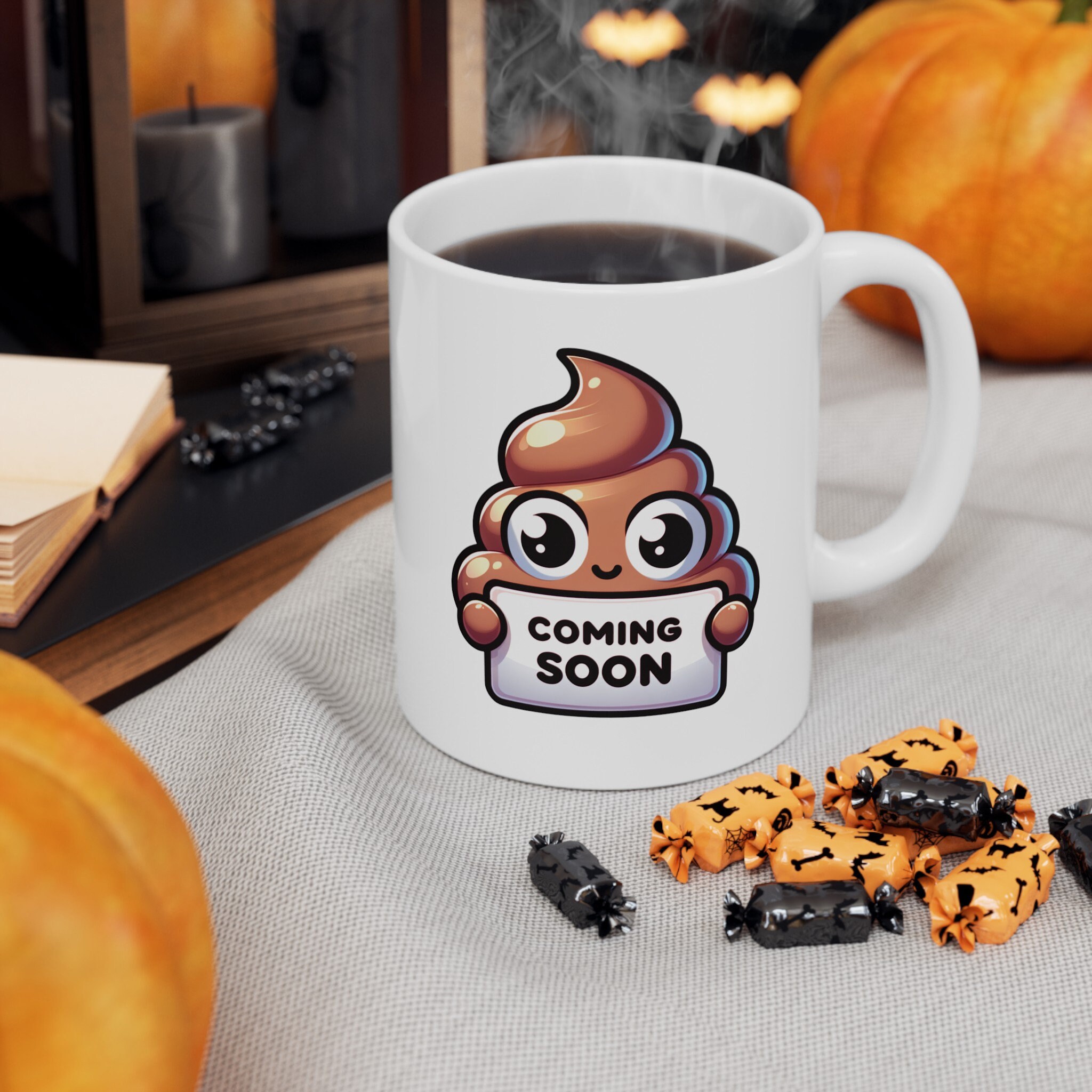 COMING SOON Poop Emoji Coffee Mug Funny Gag Gift 11oz White Ceramic ...