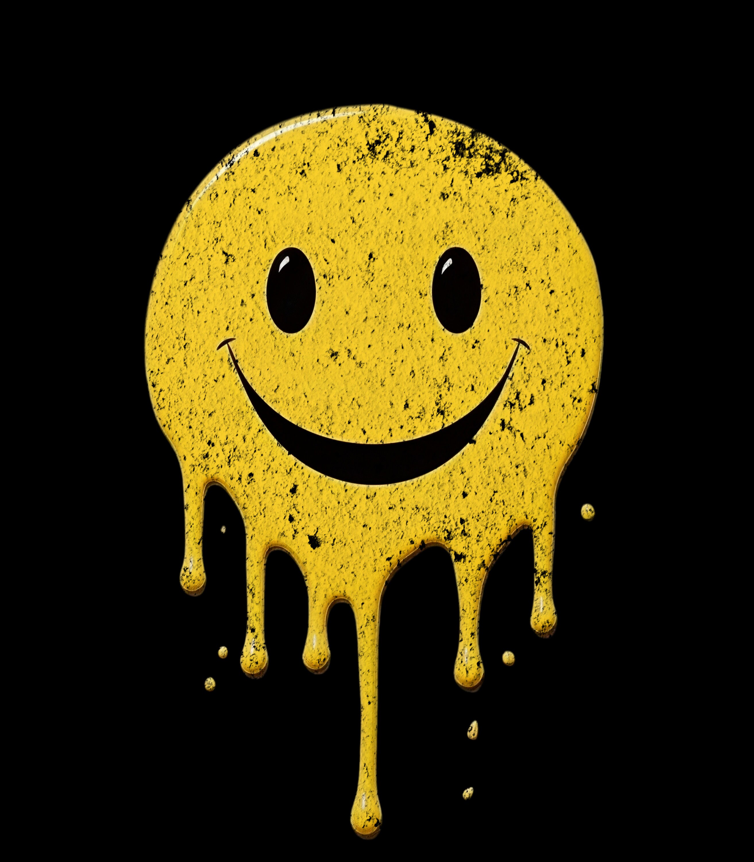 Vintage-inspired Worn Yellow Melting Smiley Face on Black Shirt ...
