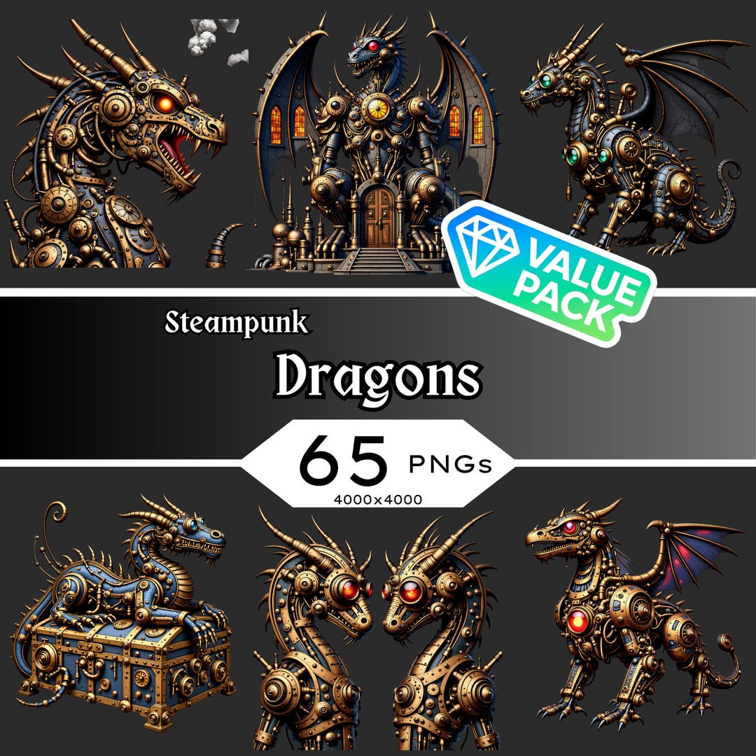 65 Steampunk Dragon Clipart PNG Mechanical Wyvern Drake Monster ...