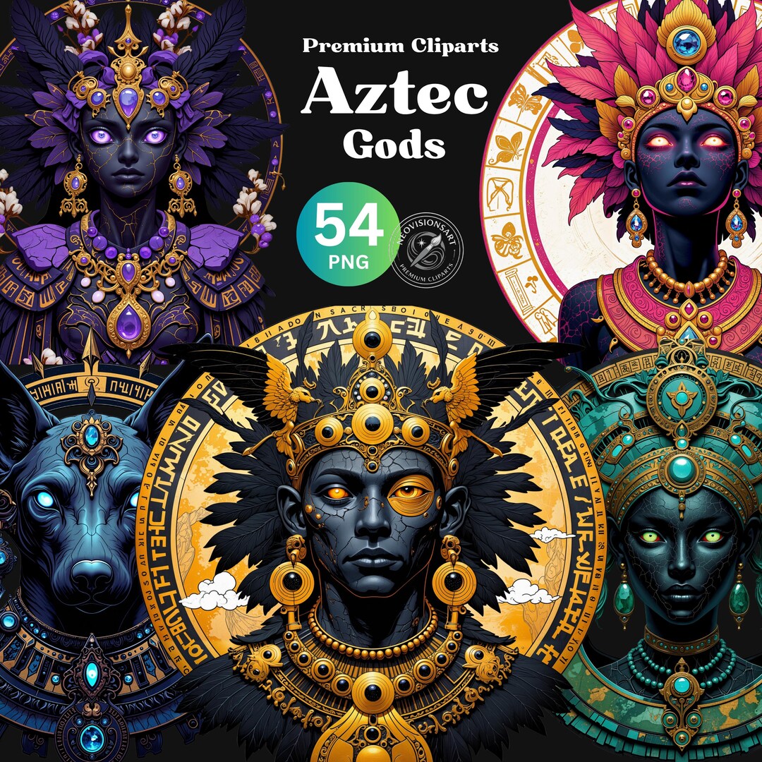 Aztec Gods Clipart Bundle, Quetzalcoatl Tlaloc Mictlantecuhtli, Dark ...